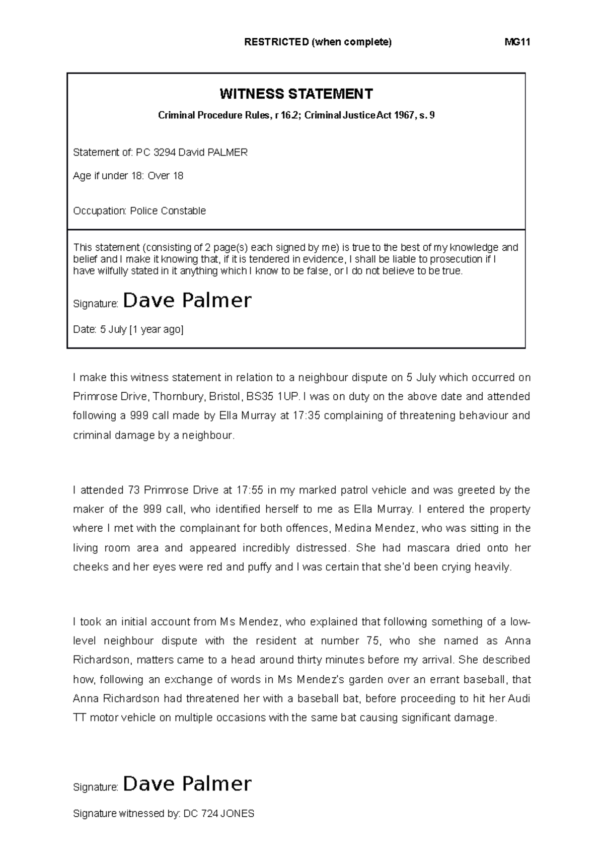 BTC Crime W3 PC David Palmer WS - RESTRICTED (when complete) MG WITNESS ...