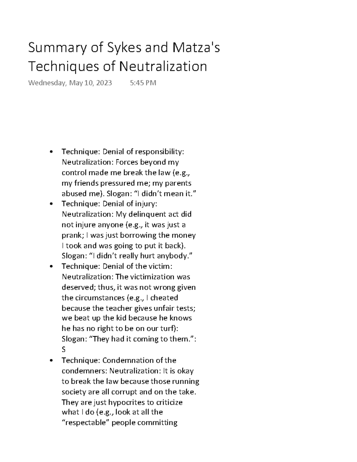 Summary of Sykes and Matza's Techniques of Neutralization - Technique ...