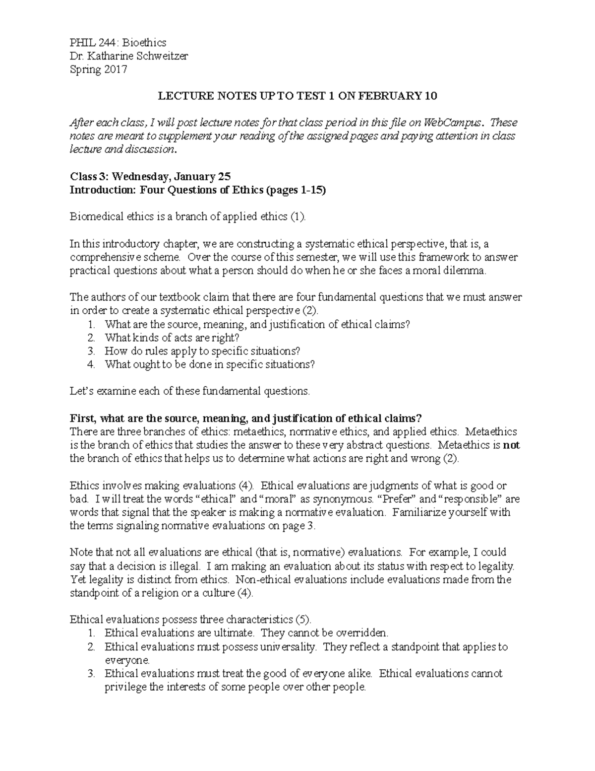 Bioethics Lecture notes 1 - PHIL 244: Bioethics Dr. Katharine ...