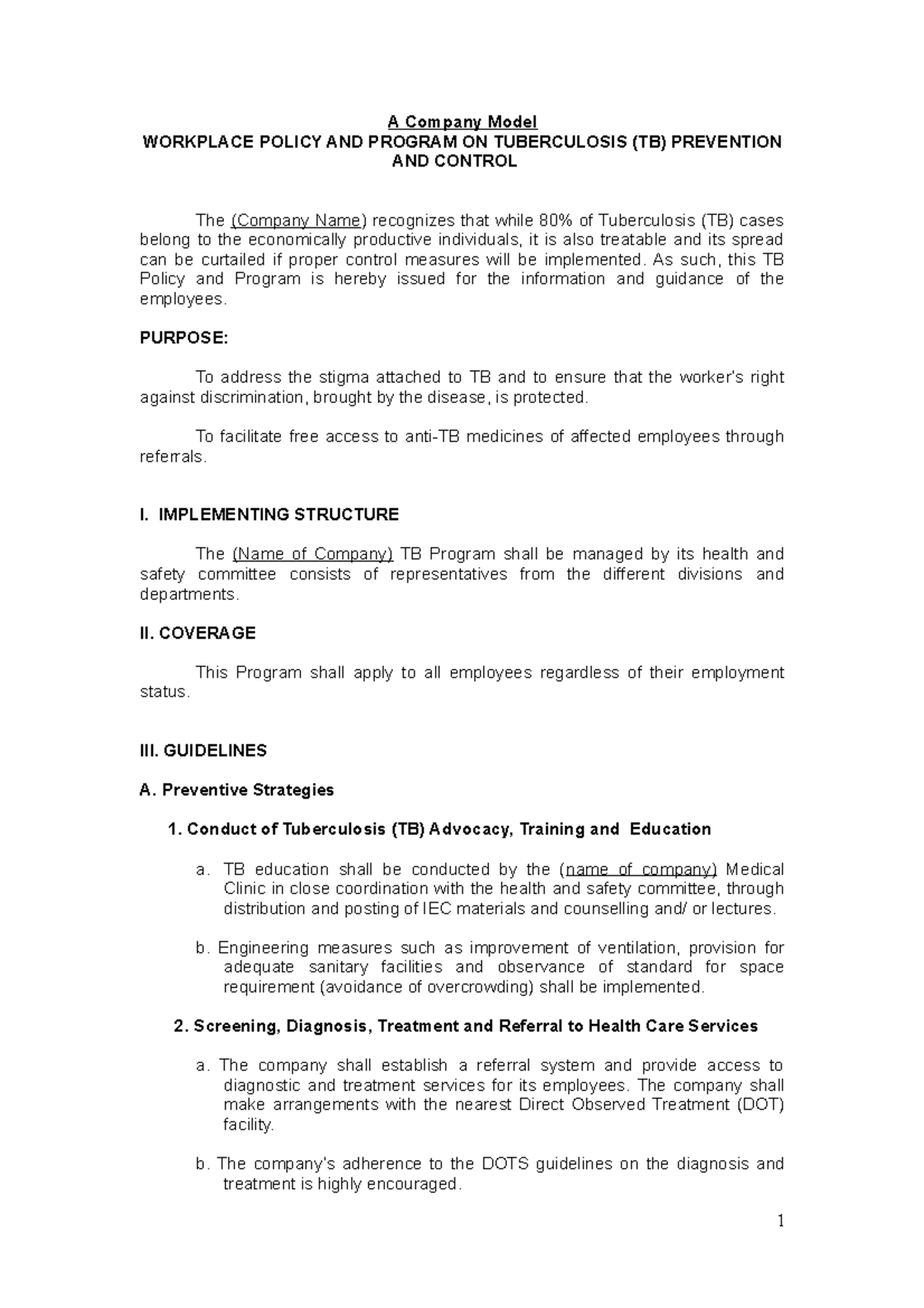 TB workplace policy & program - A Company Model WORKPLACE POLICY AND ...