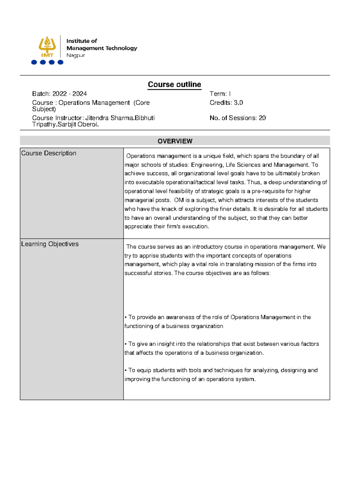 Course Outline - Course outline Batch: 2022 - 2024 Term: I Course ...