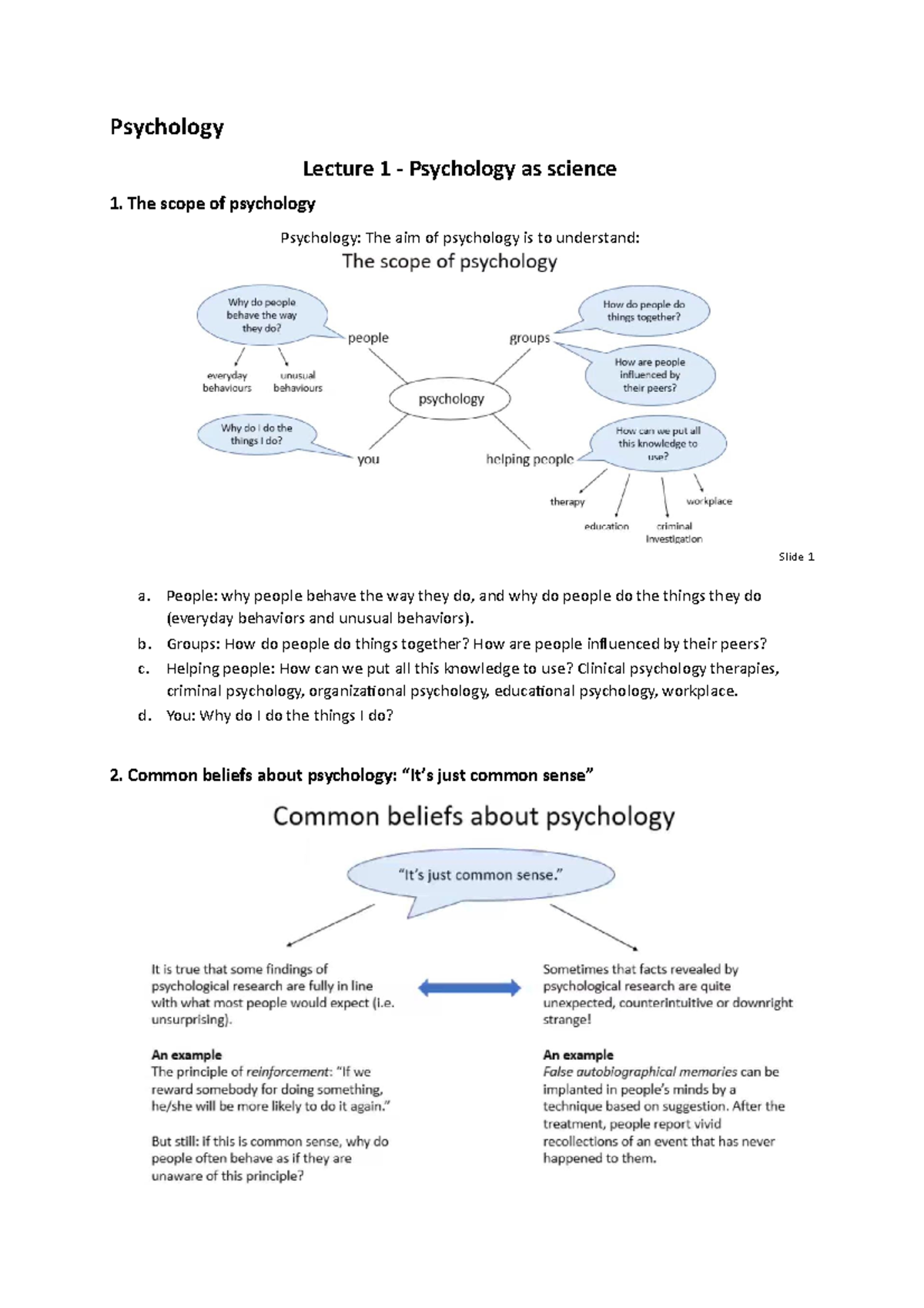 Foundation of Psychology - Psychology Lecture 1 - Psychology as science 1. The scope of ...