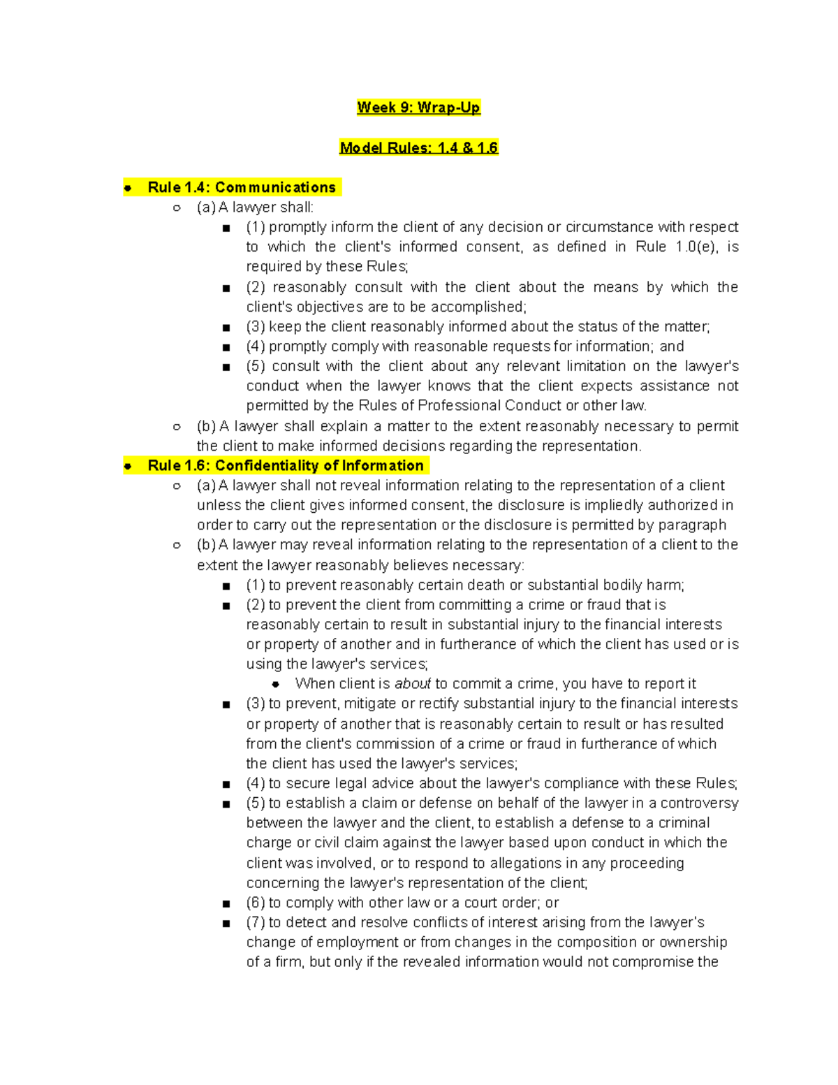 Week 9 Wrap-Up - Lecture Notes - Week 9: Wrap-Up Model Rules: 1 & 1 ...