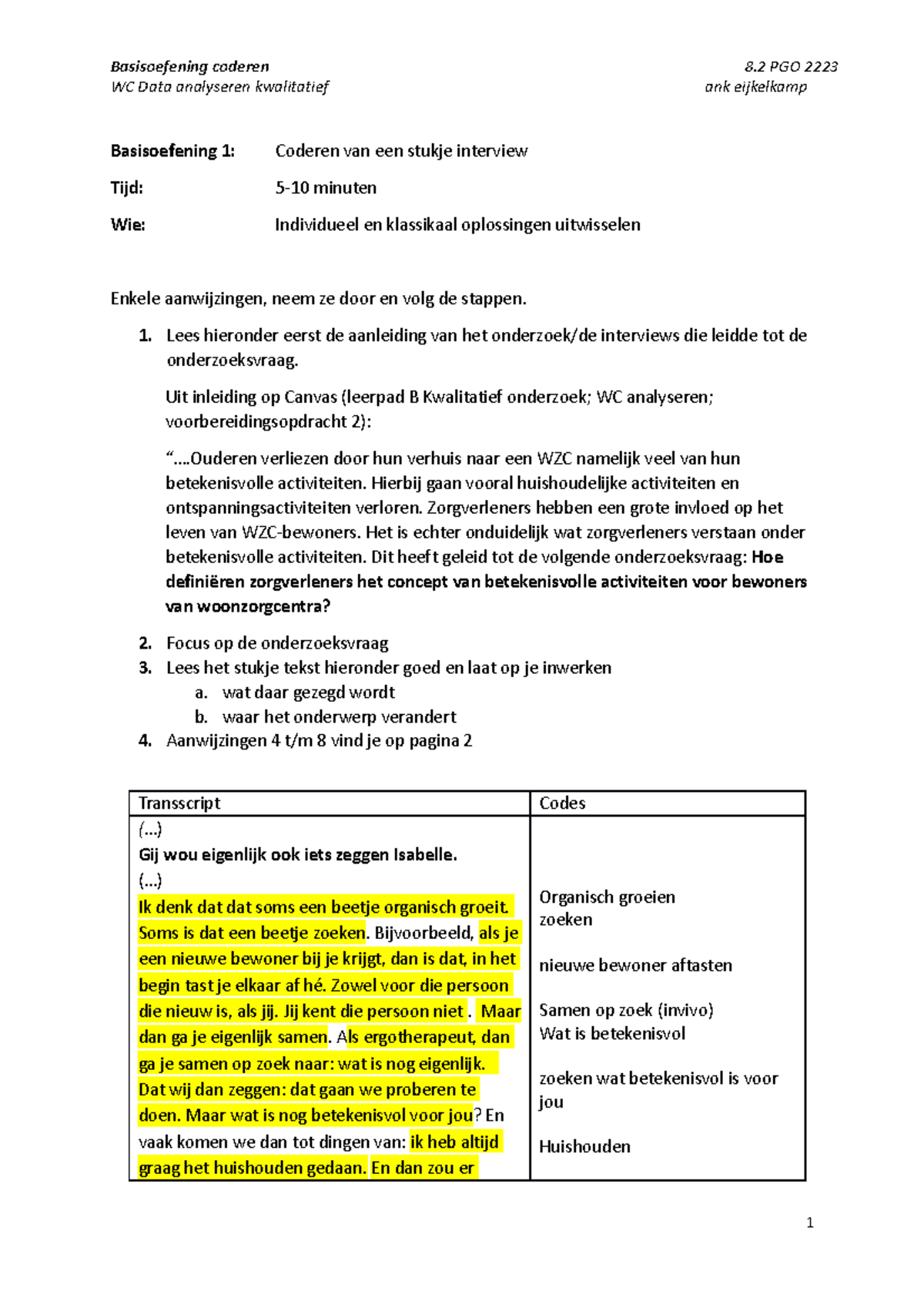 WCO kwalitatief onderzoek data analyseren Basisoefening Coderen ...