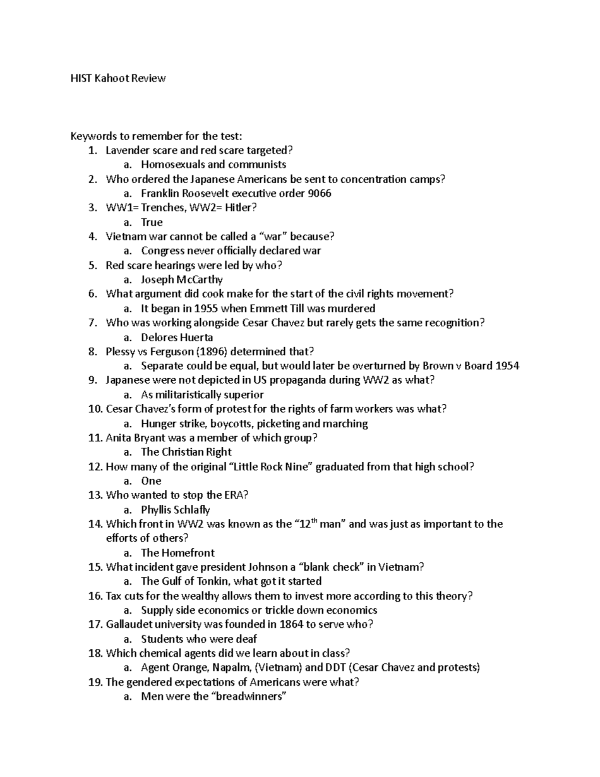 HIST 101 - Final Review - HIST Kahoot Review Keywords to remember for ...