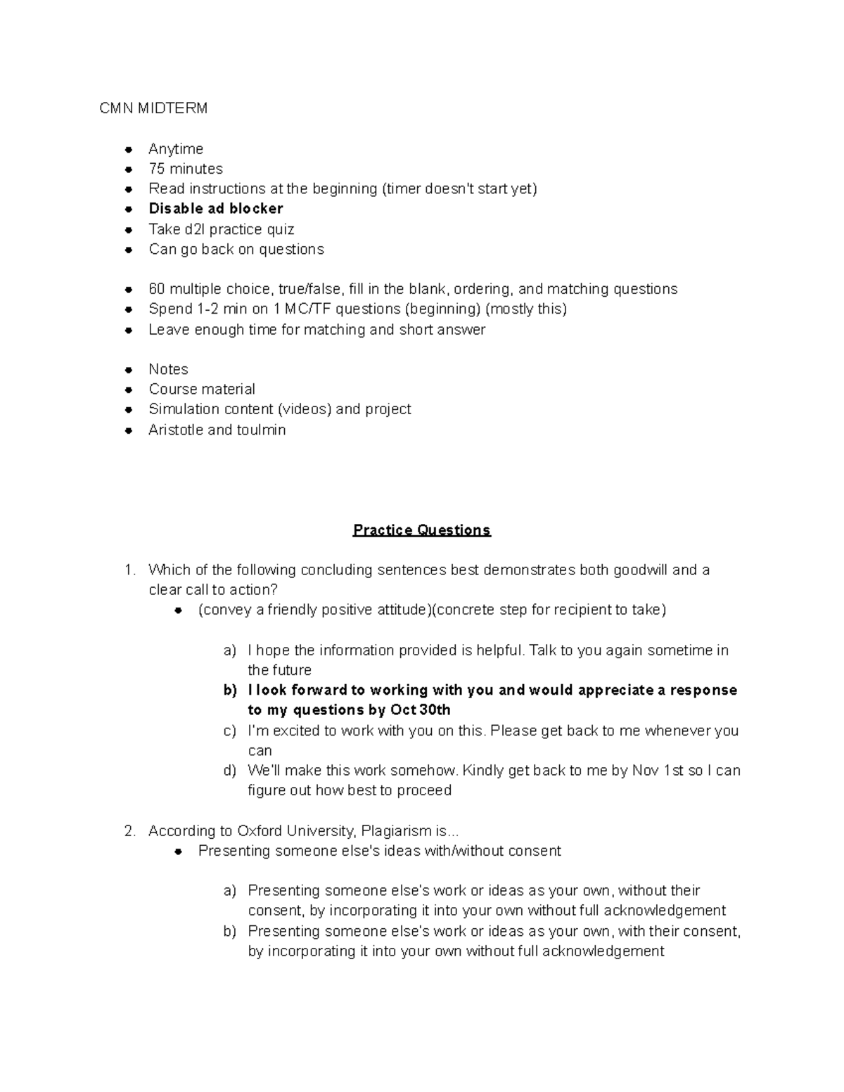 CMN Midterm outline - CMN MIDTERM Anytime 75 minutes Read instructions ...
