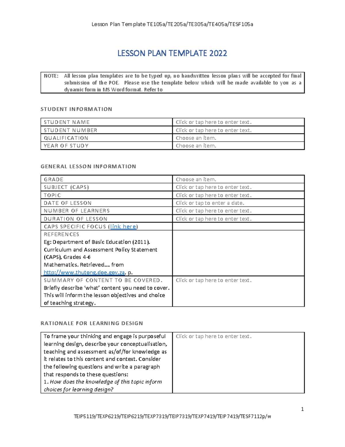 Lesson Plan template - 1 LESSON PLAN TEMPLATE 2022 NOTE: All lesson ...