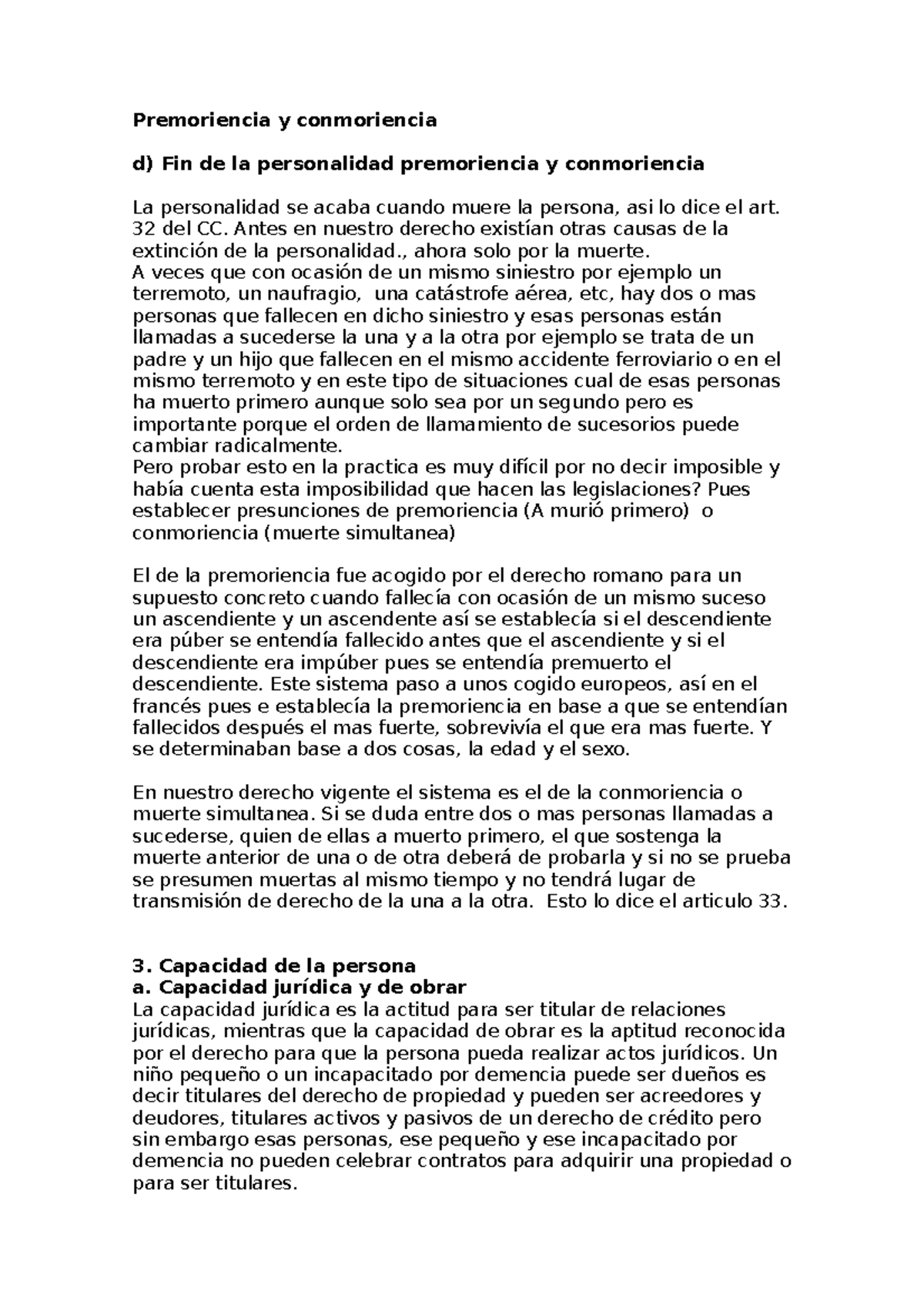 1. Derecho civil I - Teoría - Capacidad de la persona - Premoriencia y ...