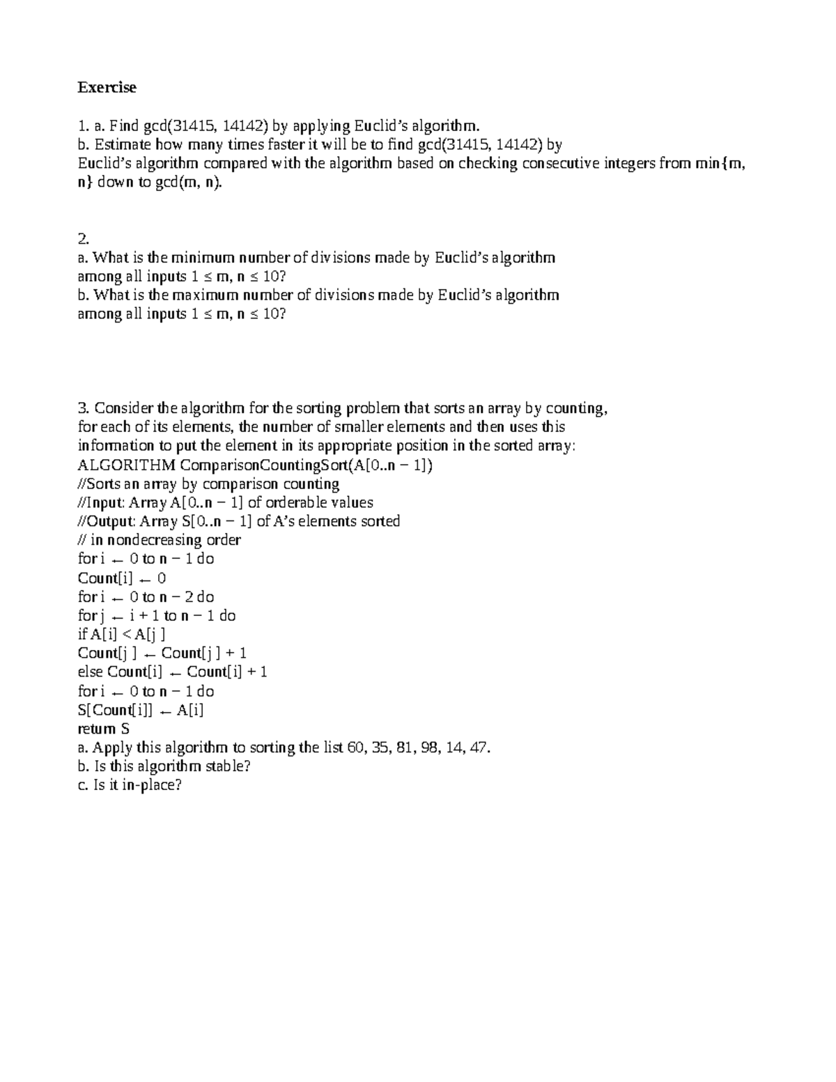 DCIT 204 - Hhhhh - Exercise a. Find gcd(31415, 14142) by applying ...