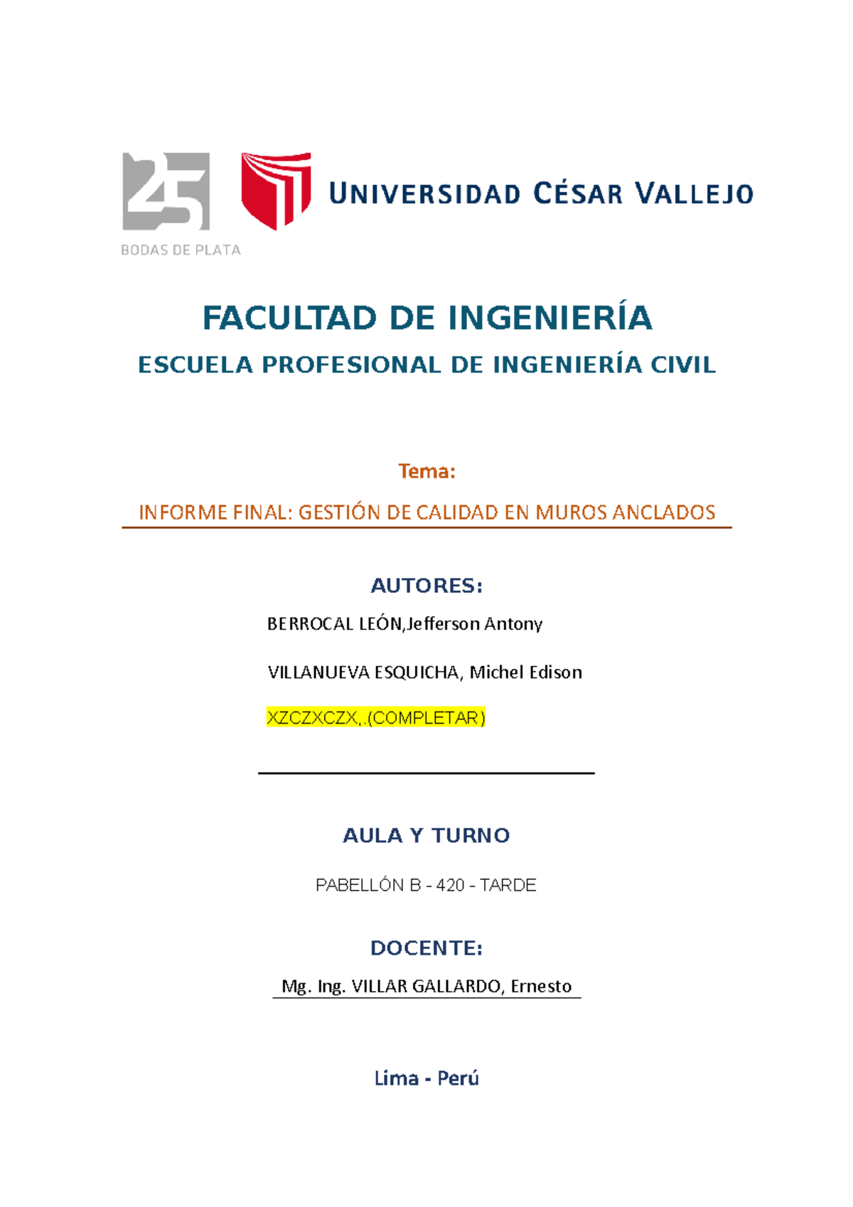 Informe Final Calidad - asasas - Portada FACULTAD DE INGENIERÍA ESCUELA PROFESIONAL DE ...