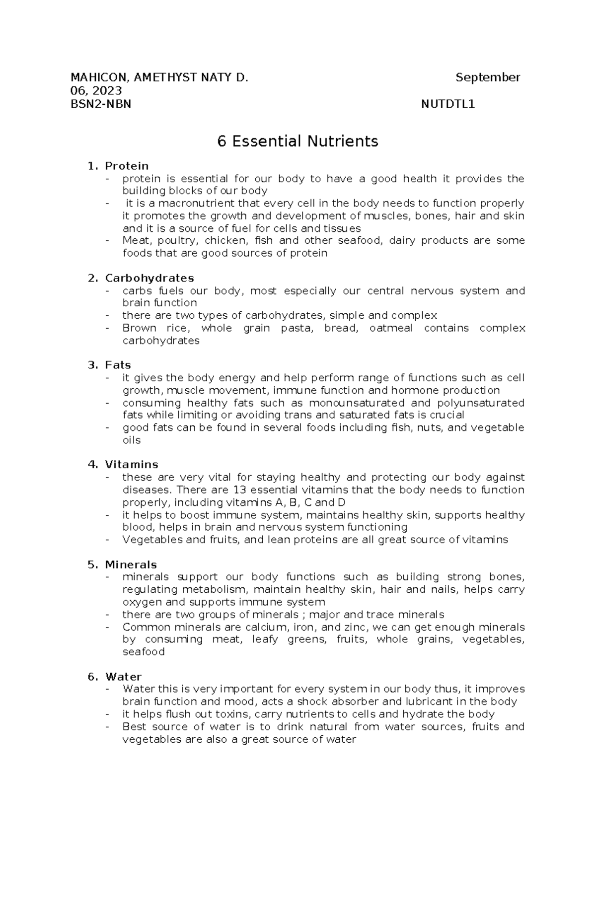 6 essential nutrients - sample - MAHICON, AMETHYST NATY D. September 06 ...