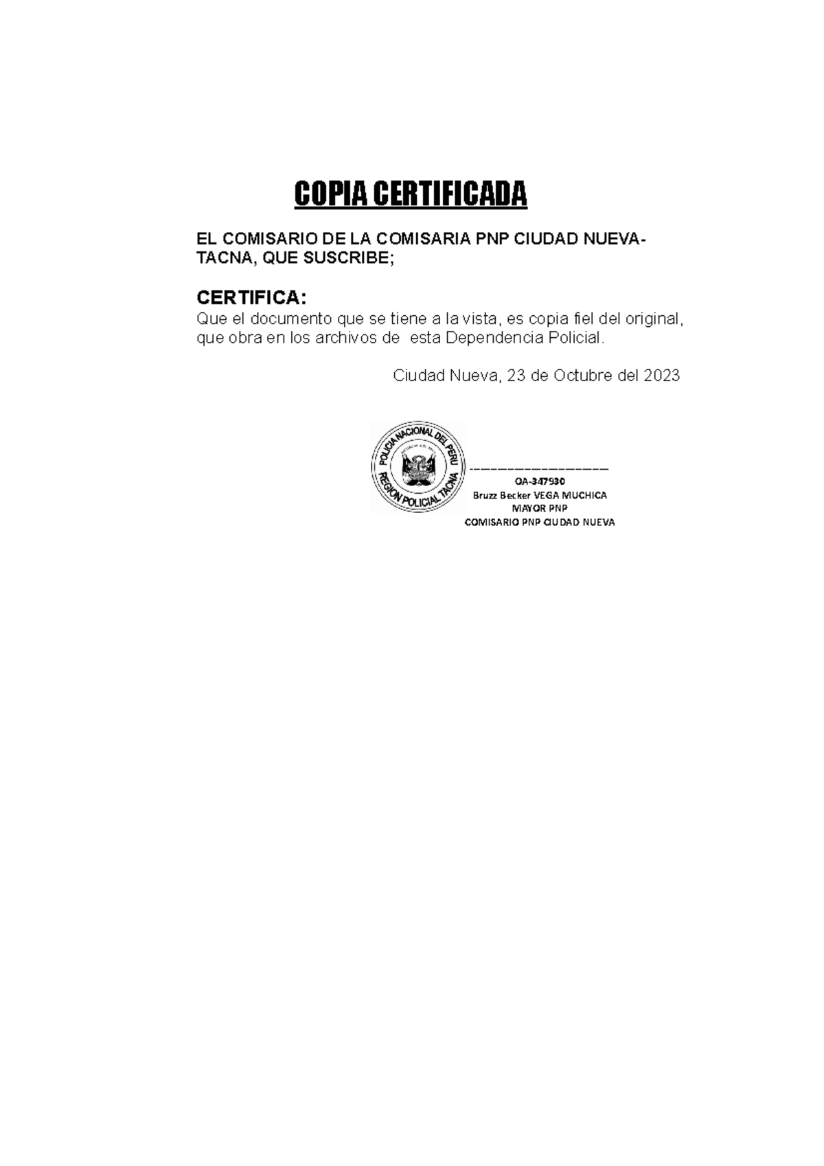 Es copia fiel - Ciudad Nueva, 23 de Octubre del 2023 OA- Bruzz Becker ...