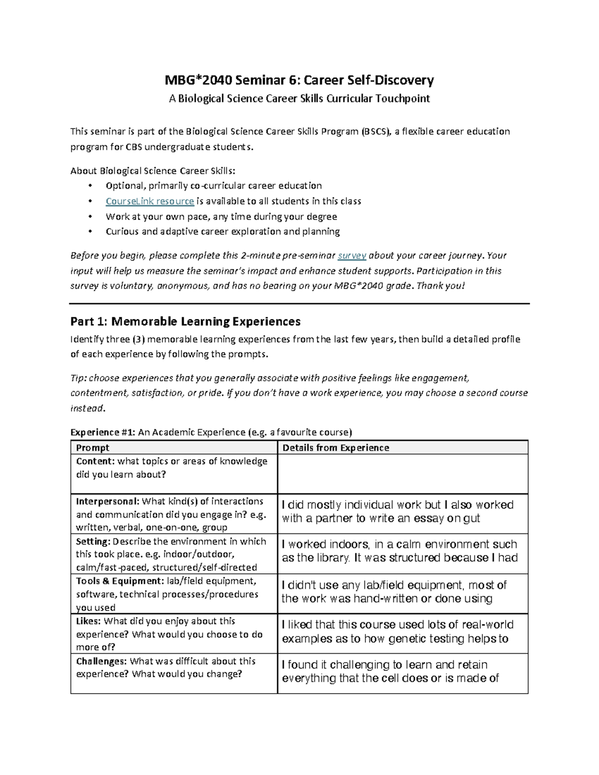 MBG2040 Seminar 6 Worksheet-fillable - MBG*2040 Seminar 6: Career Self ...