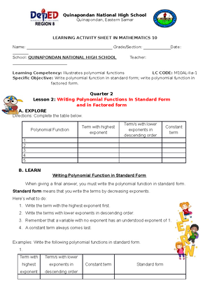 Summative Exam in Grade 10 Math Quarter 1 - QUINAPONDAN NATIONAL HIGH ...