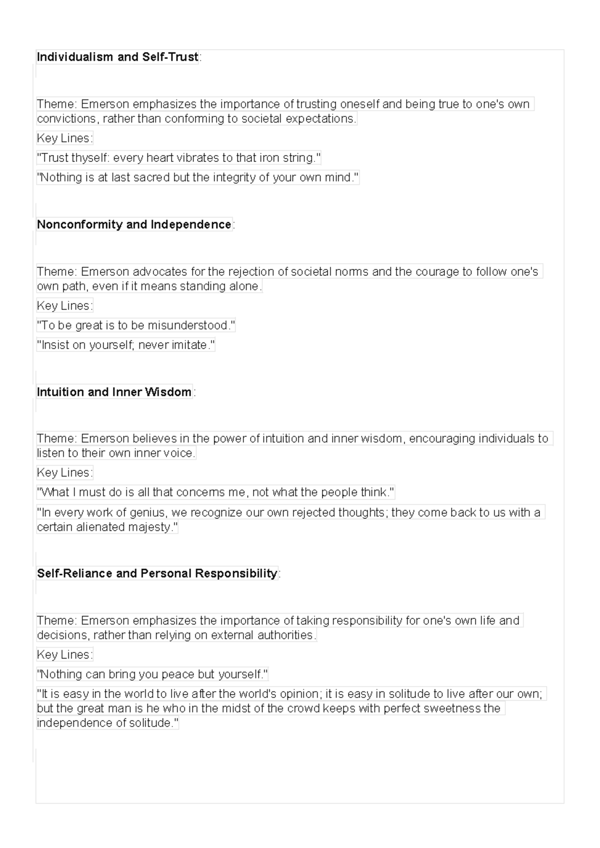 Self themes - NOTES - Individualism and Self-Trust: Theme: Emerson ...