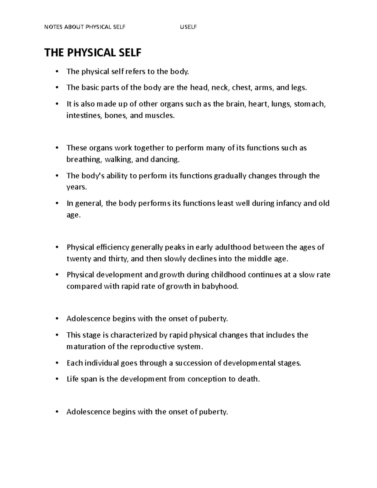 Notes About THE Physical SELF - Uself - THE PHYSICAL SELF The physical ...