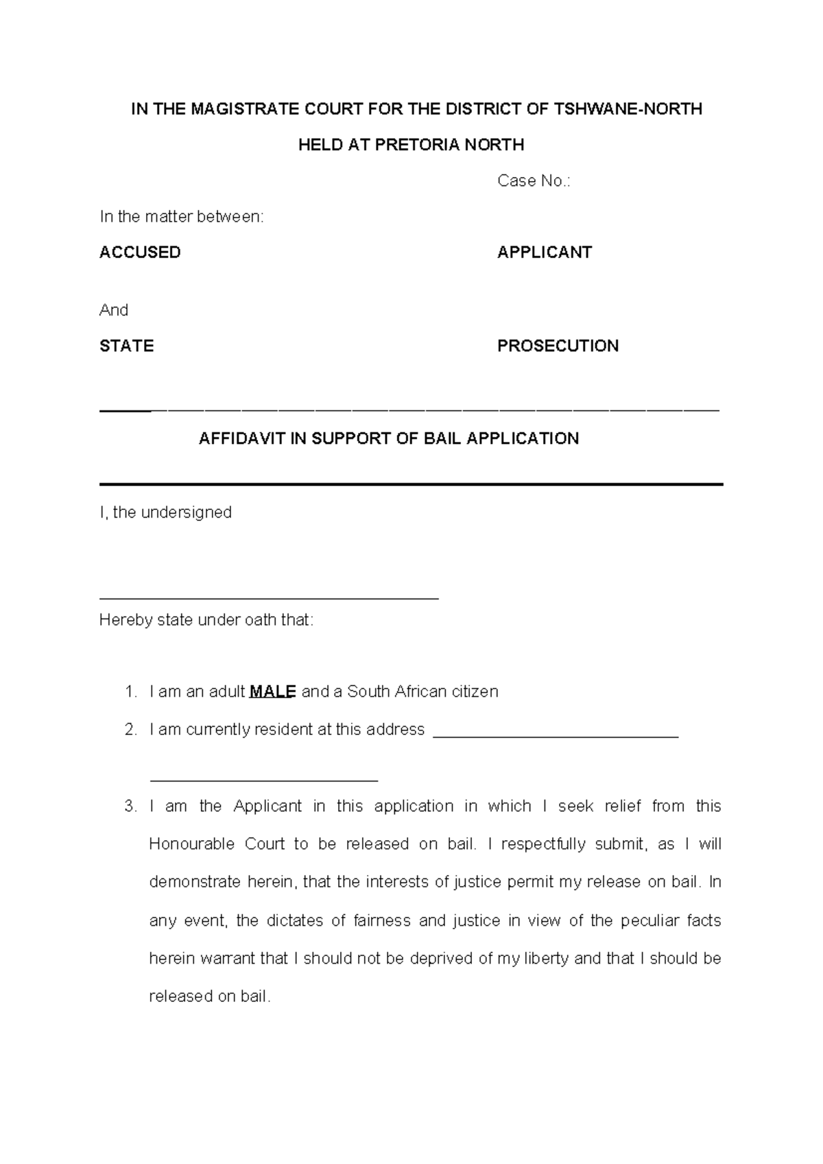Formal BAIL Application- template - IN THE MAGISTRATE COURT FOR THE ...
