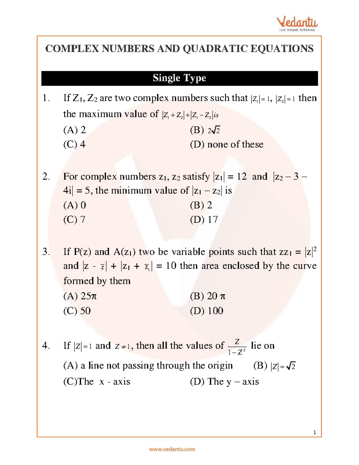 JEE Main Complex Numbers and Quadratic Equations Important Questions ...