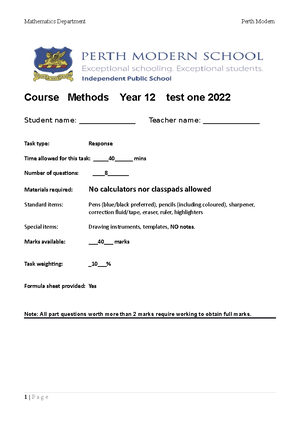12 Methods Test 1 2021 - Review - Course 12 Methods Year 12_ Student ...