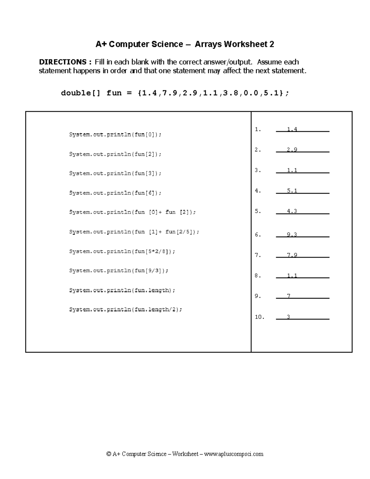 Arrays worksheet 2 java aplus - A+ Computer Science – Arrays Worksheet ...