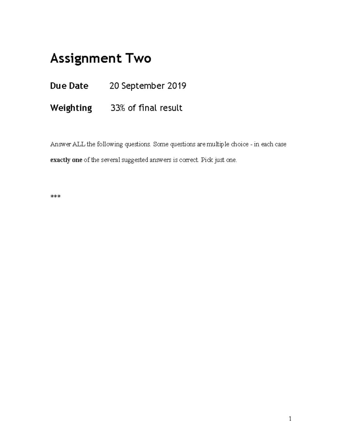 Assignment 2 T1 2019 - Assignment Two Due Date 20 September 2019 ...