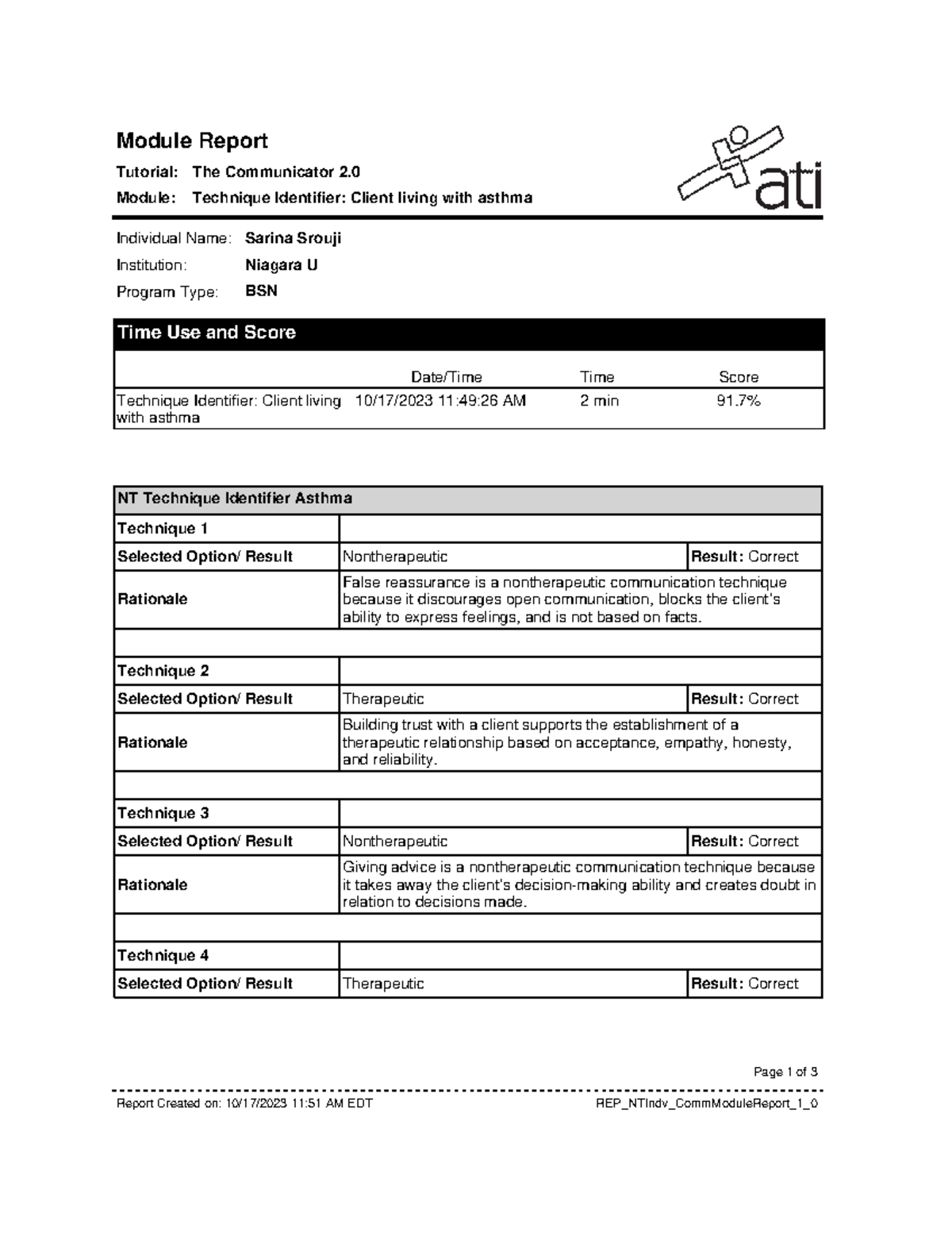 Report - ATI - Individual Name: Institution: Program Type: Sarina ...
