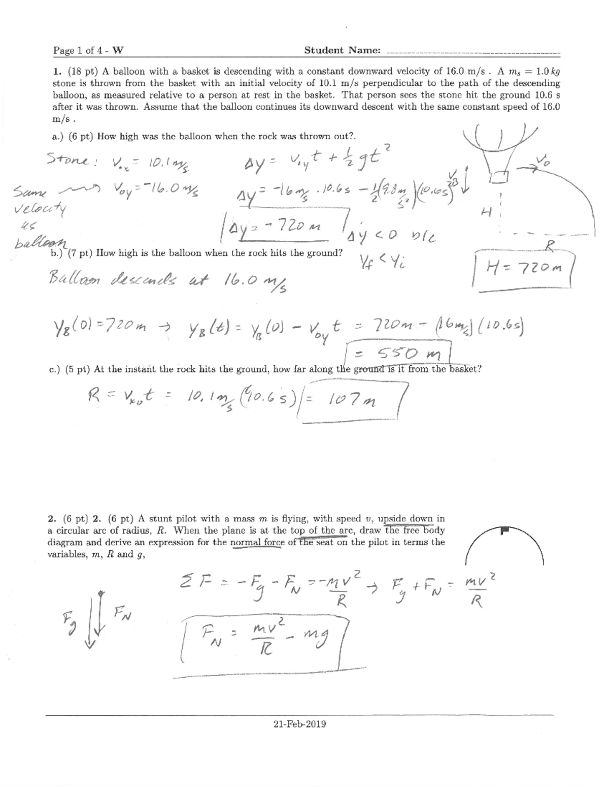 Midterm Practice Old Sol - Page 1 of 4 W Student Name: 1. (18 pt) A balloon with a basket is ...