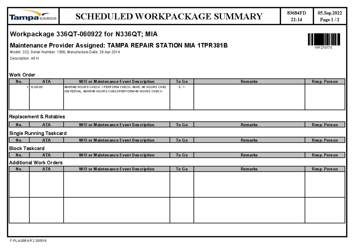 Scheduled Summary N336QT - SCHEDULED WORKPACKAGE SUMMARY 83684FD 22:14 ...