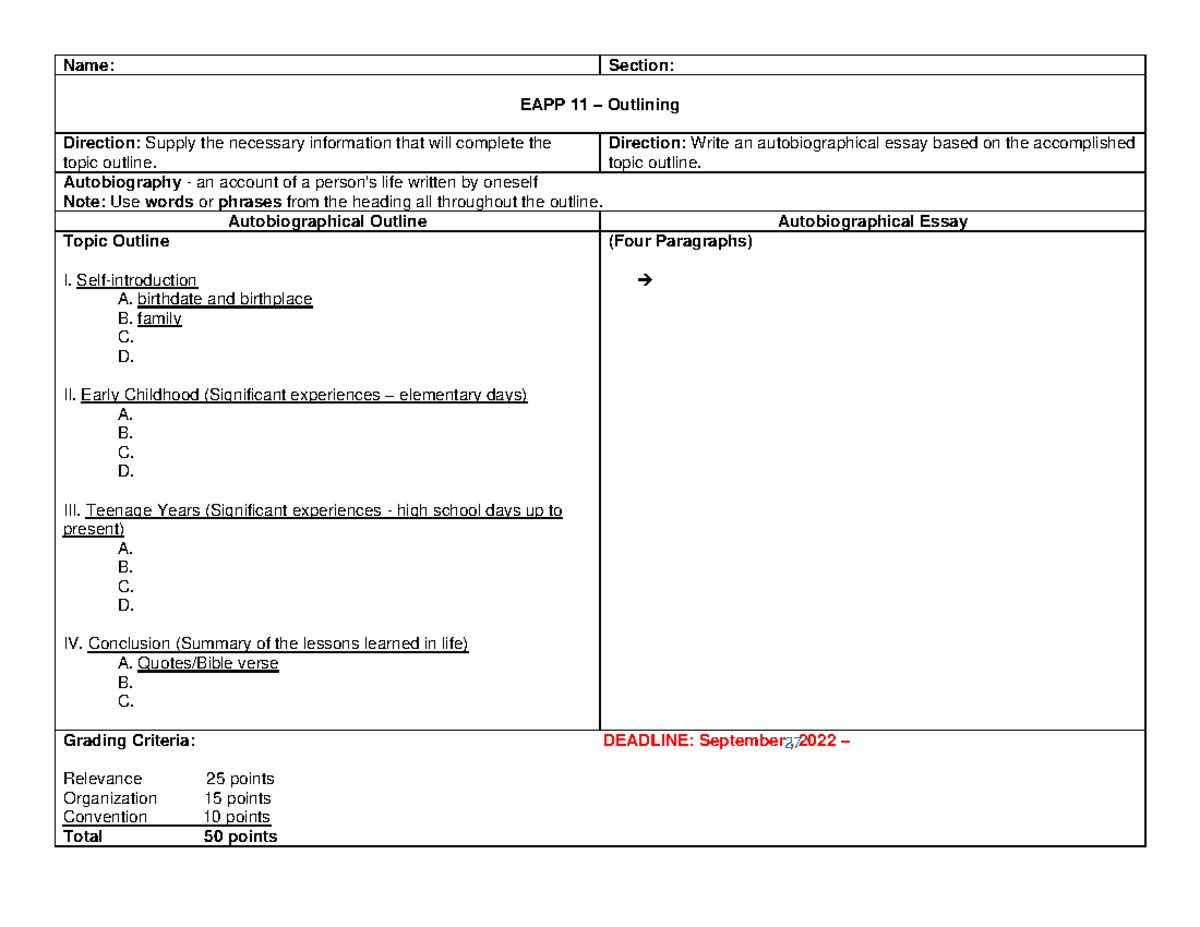 MT EAPP PETA1 Instructions - Name: Section: EAPP 11 – Outlining ...