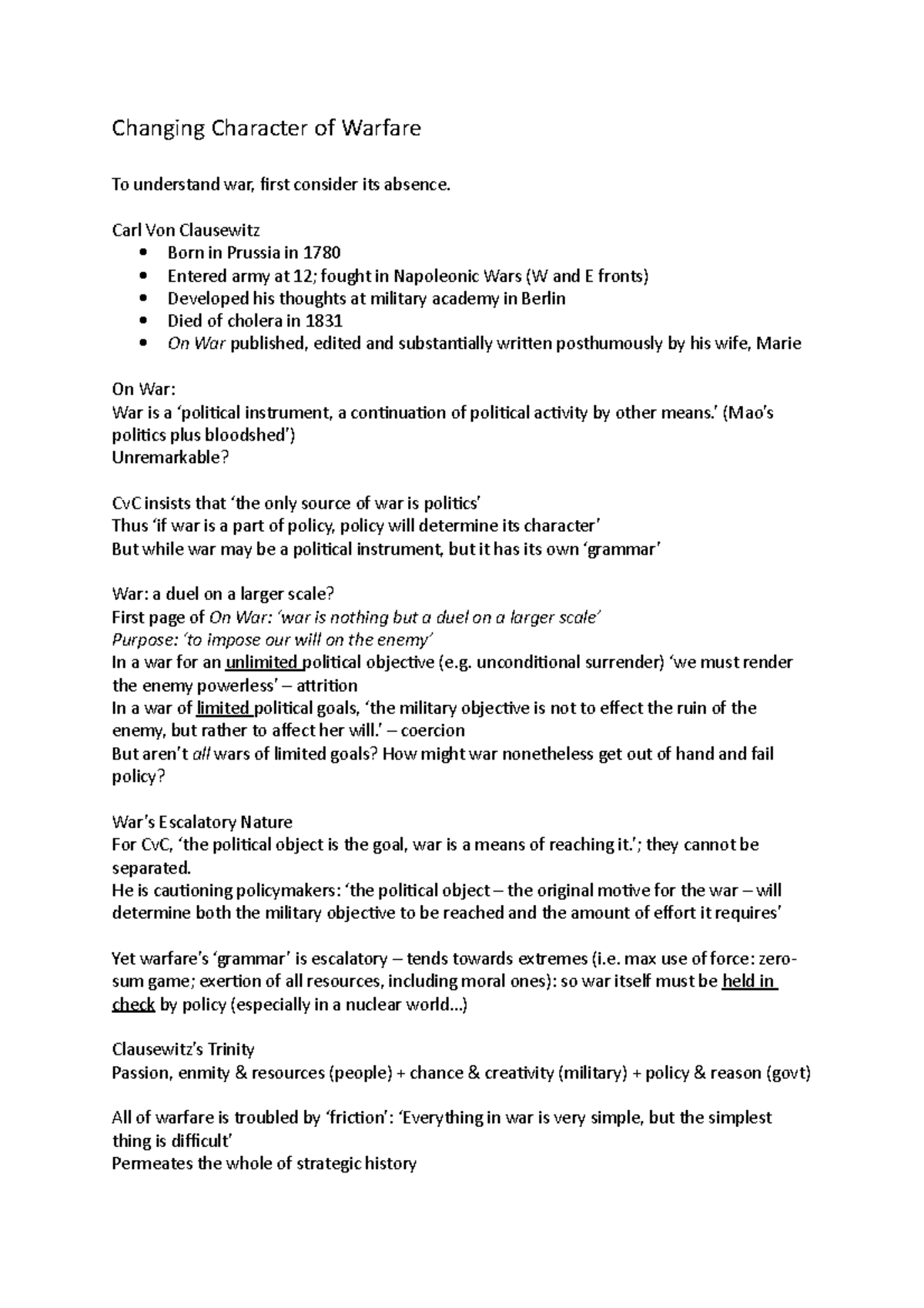 Changing Character of Warfare - Carl Von Clausewitz Born in Prussia in ...