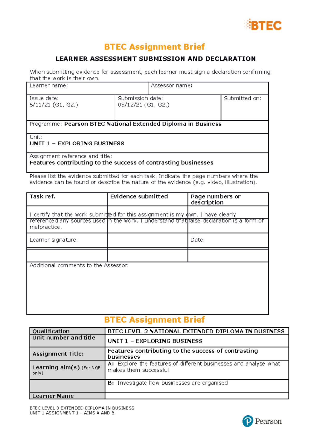 Assigment breif - Copy - BTEC Assignment Brief LEARNER ASSESSMENT SUBMISSION AND DECLARATION ...
