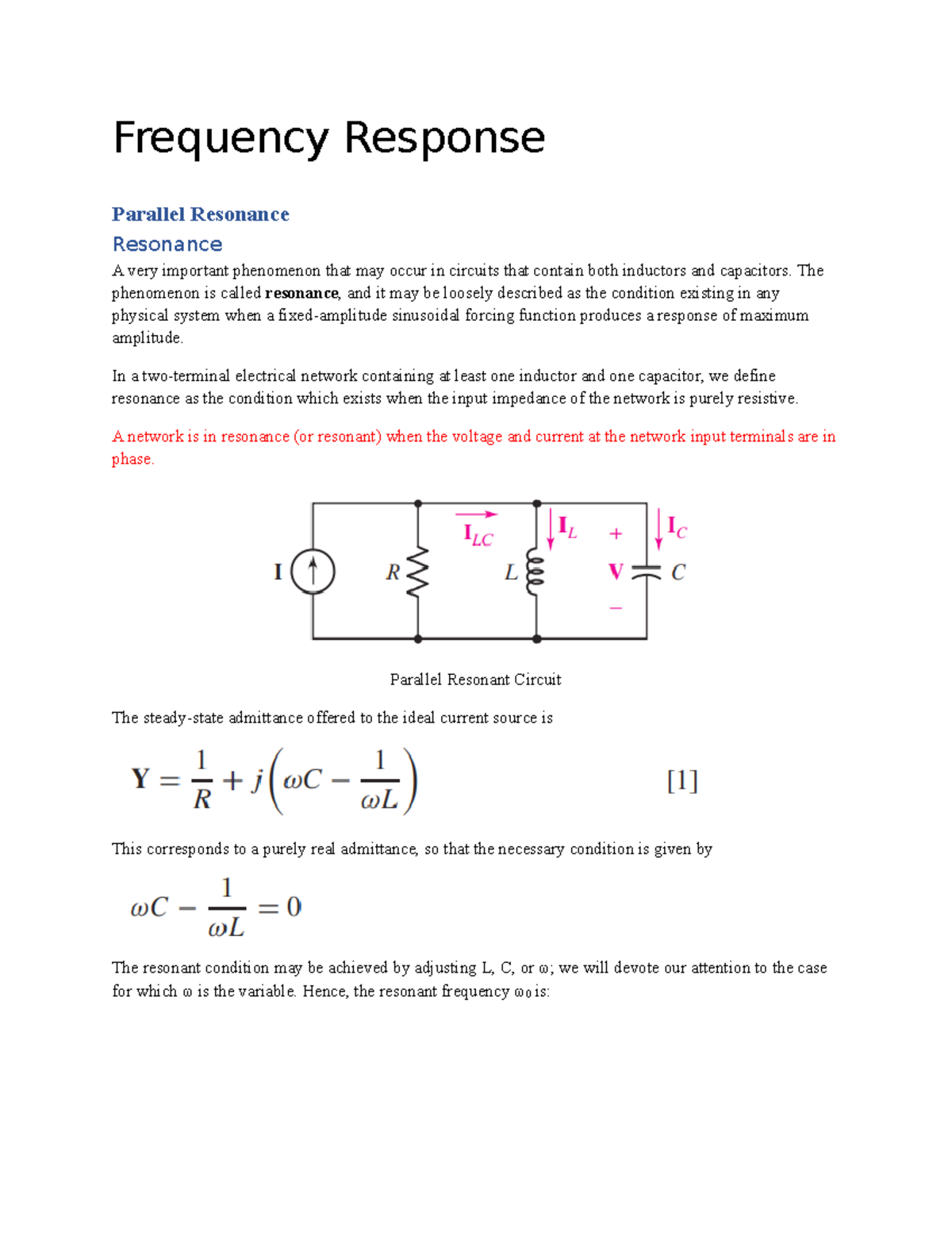 Chapter 16 Notes - Frequency Response Parallel Resonance Resonance A ...