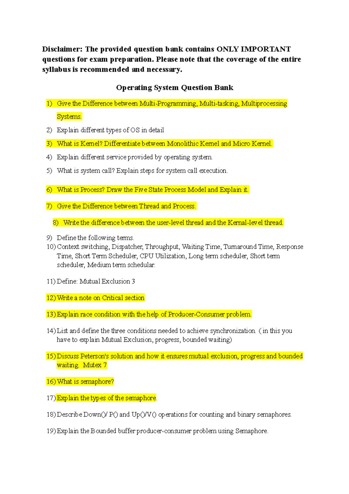 OS Question Bank01 - Disclaimer: The provided question bank contains ...