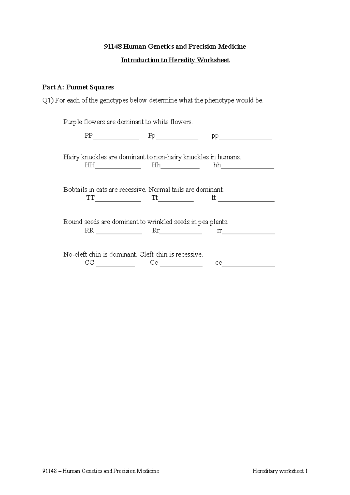 Introduction to Heredity Worksheet - 91148 Human Genetics and Precision ...