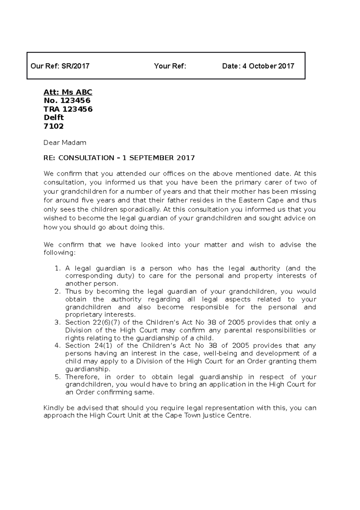 Example of a Letter to Client - Our Ref: SR/2017 Your Ref: Date: 4 ...