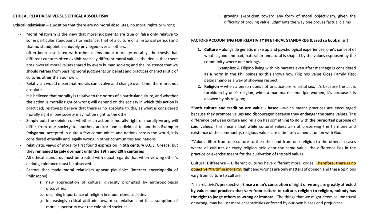 Notes ethical relativism vs ethnial absolutism - ETHICAL RELATIVISM ...