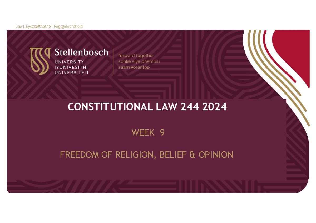 Con Law 244 Week 9 Freedom of Religion Belief and Opinion - WEEK 9 ...