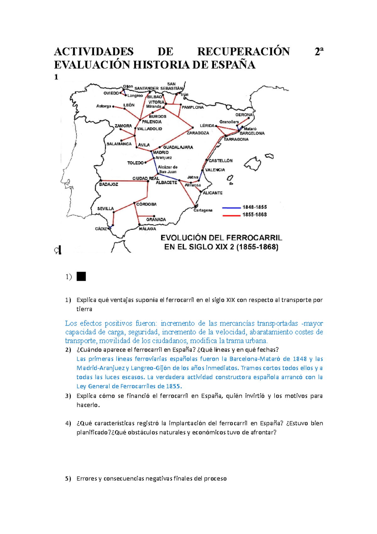 Actividades De Recuperación 2ª Evaluación Historia De España Ffcc