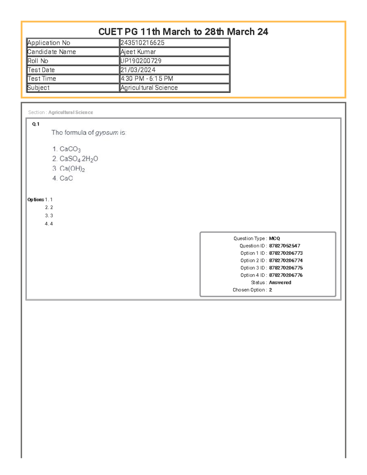 CUET pg msc ag entrance exam - Q. Options 1. 1 2. 2 3. 3 4. 4 Question ...
