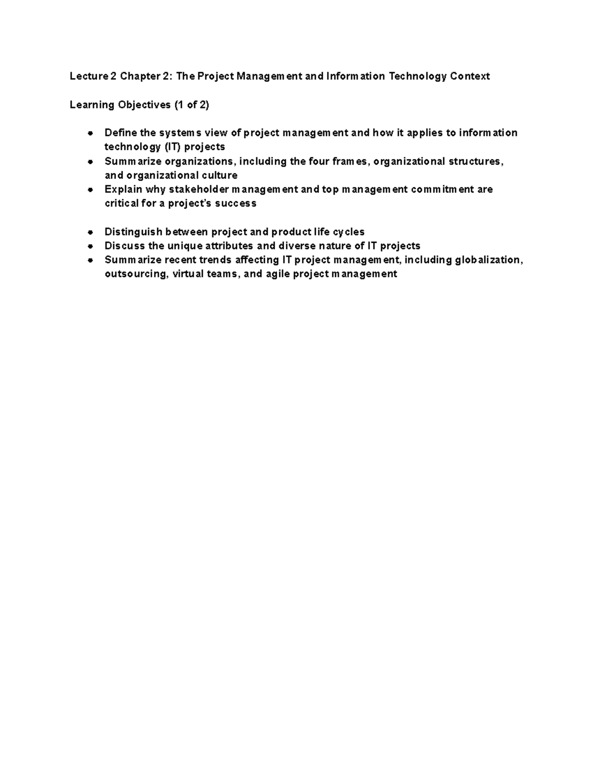 Itm 750 Lecture 2 Learning Objective Lecture 2 Chapter 2 The Project