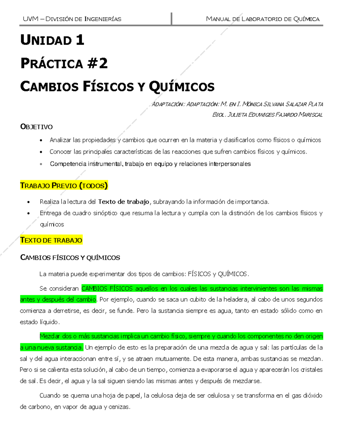 1P QL6 P2 Cambios químicos y cambios físicos - UNIDAD 1 PRÁCTICA ...