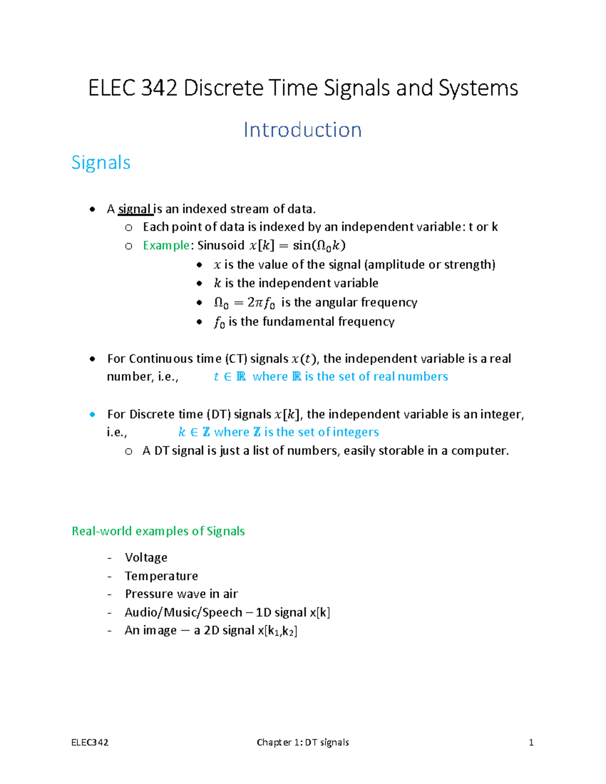 Ch1 - Introduction - ELEC 342 Discrete Time Signals and Systems ...