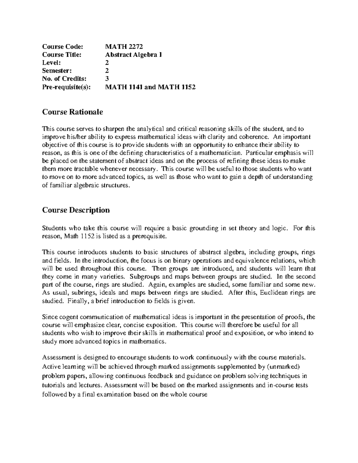 Course Outline - MATH 2272 Abstract Algebra I - Course Code: MATH 2272 ...