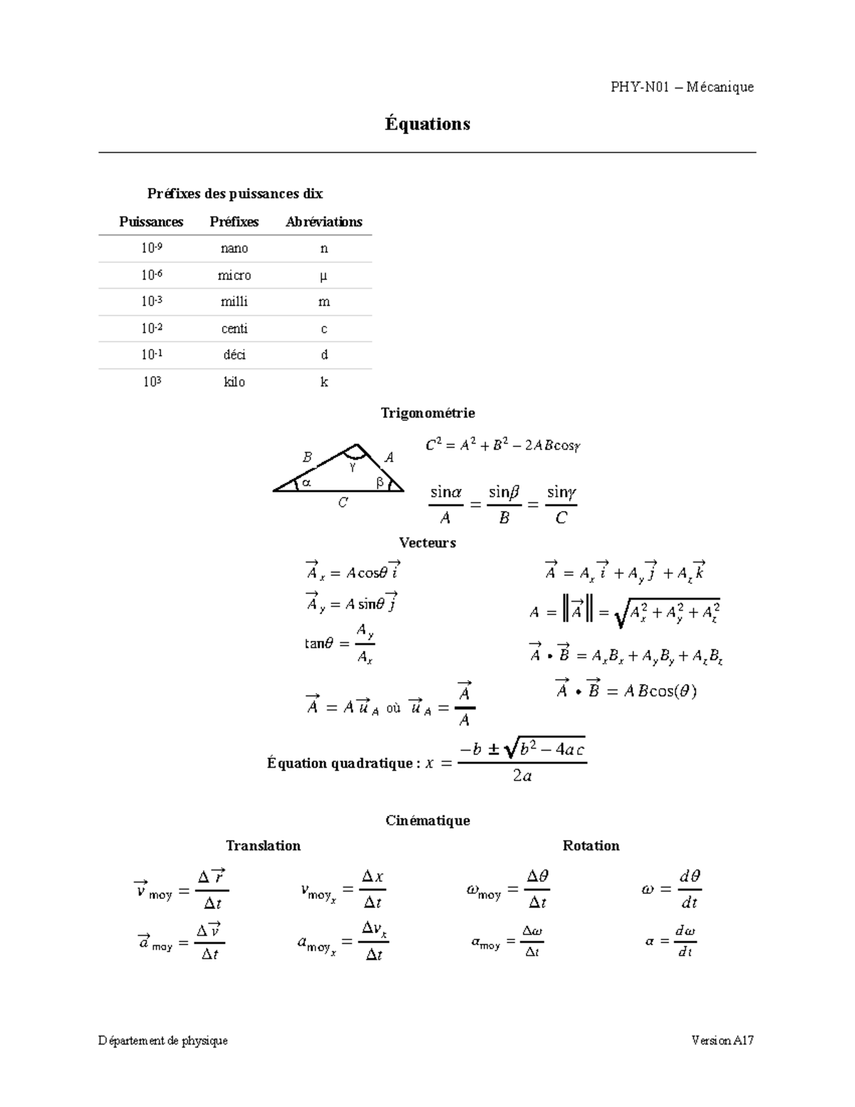 Formule Physique 2 - Aide Memoire - PHY-N01 – Mécanique Équations ...