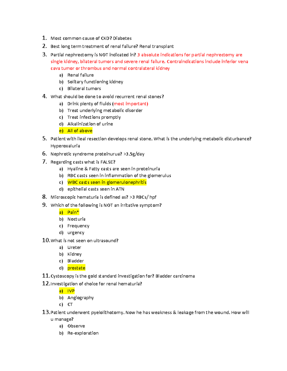 SIUT ward test (Solved) - 1. Most common cause of CKD? Diabetes 2. Best ...