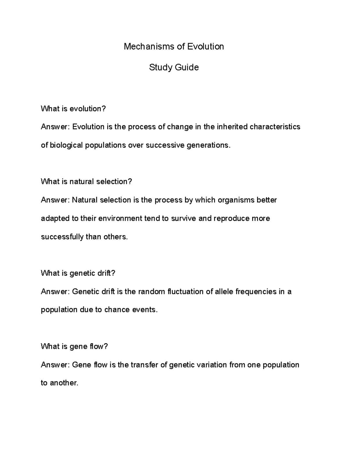 Mechanisms of Evolution Study Guide - Mechanisms of Evolution Study Guide What is evolution ...