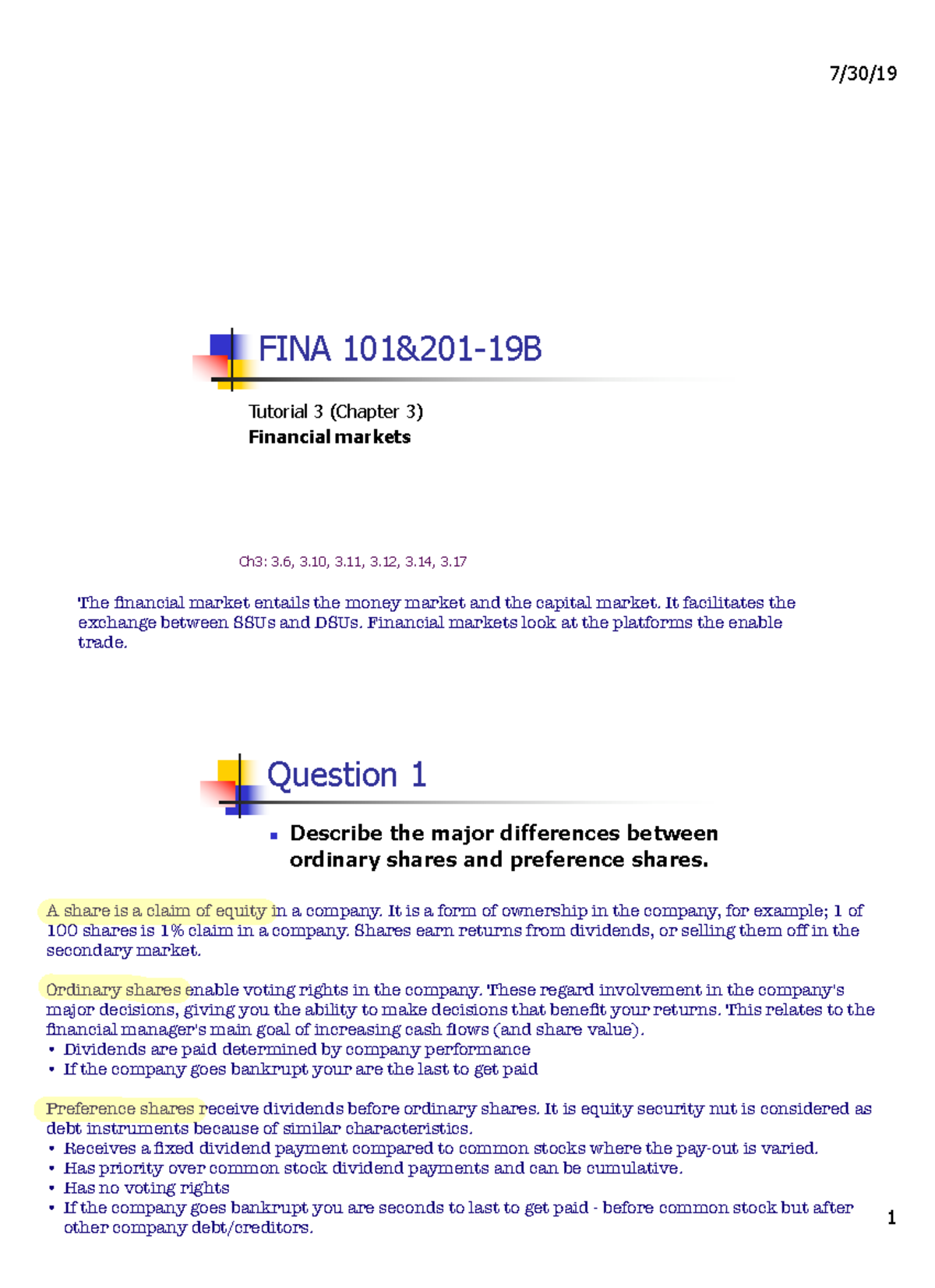 Week 4 - FIN Tutorial 3 - 1 FINA 101&201-19B Tutorial 3 (Chapter 3 ...