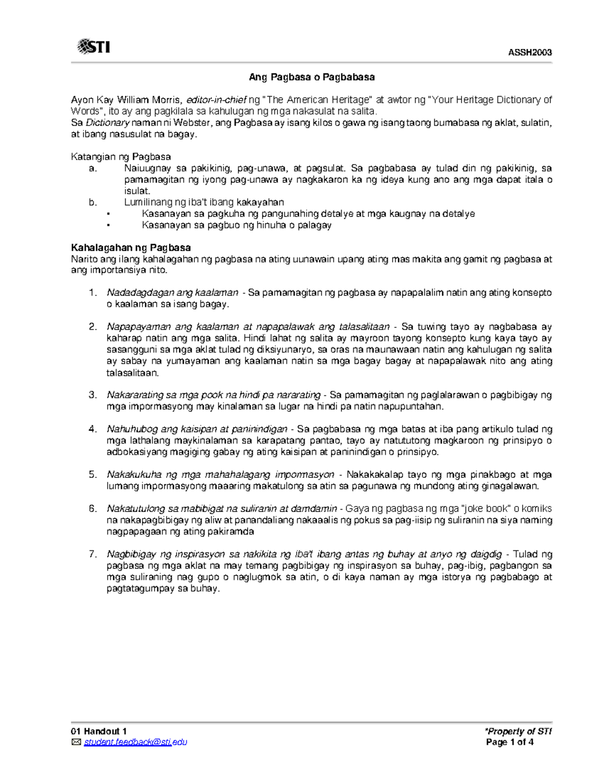 01 Handout 1(19) - 01 Handout 1 *Property of STI Ang Pagbasa o ...