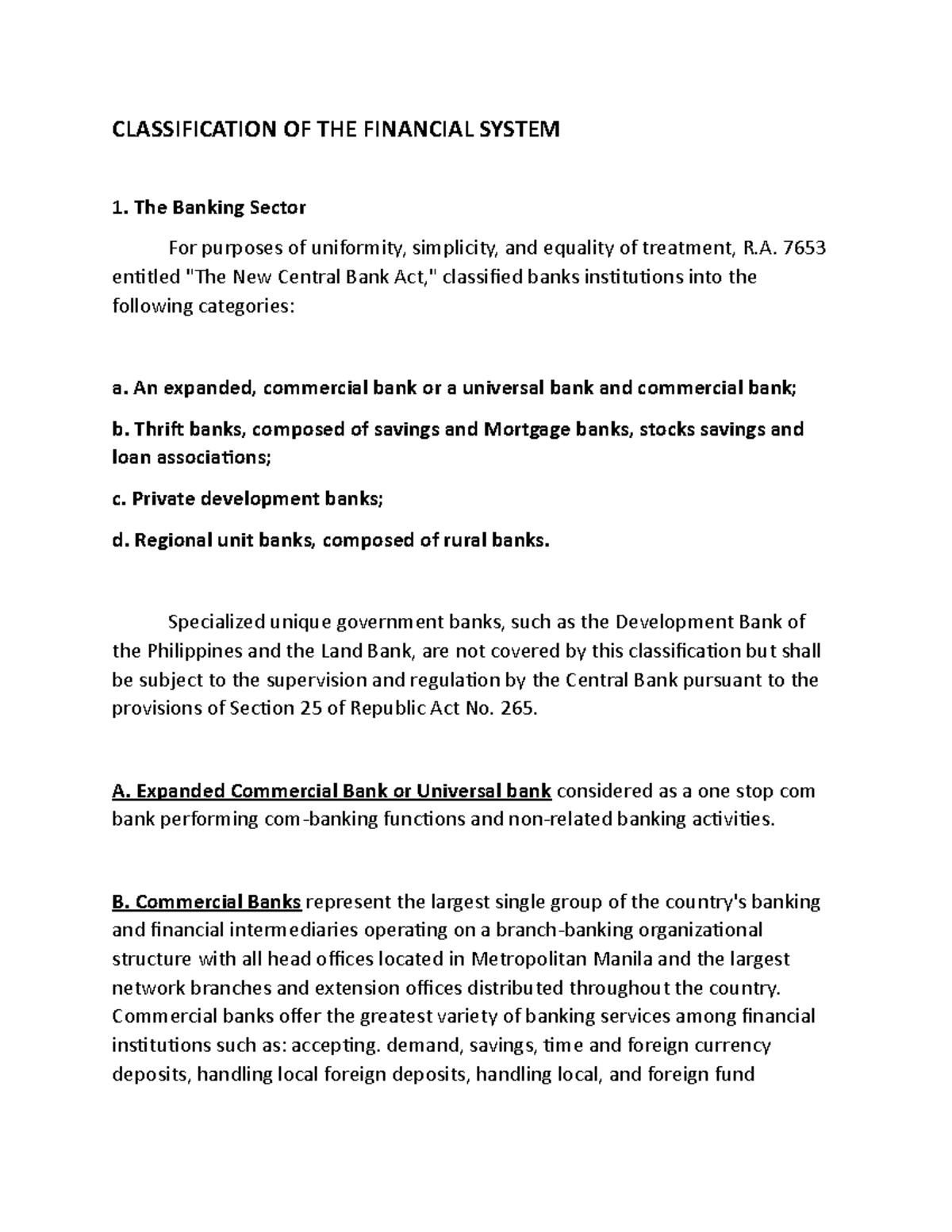 Classification of the Financial System - CLASSIFICATION OF THE ...