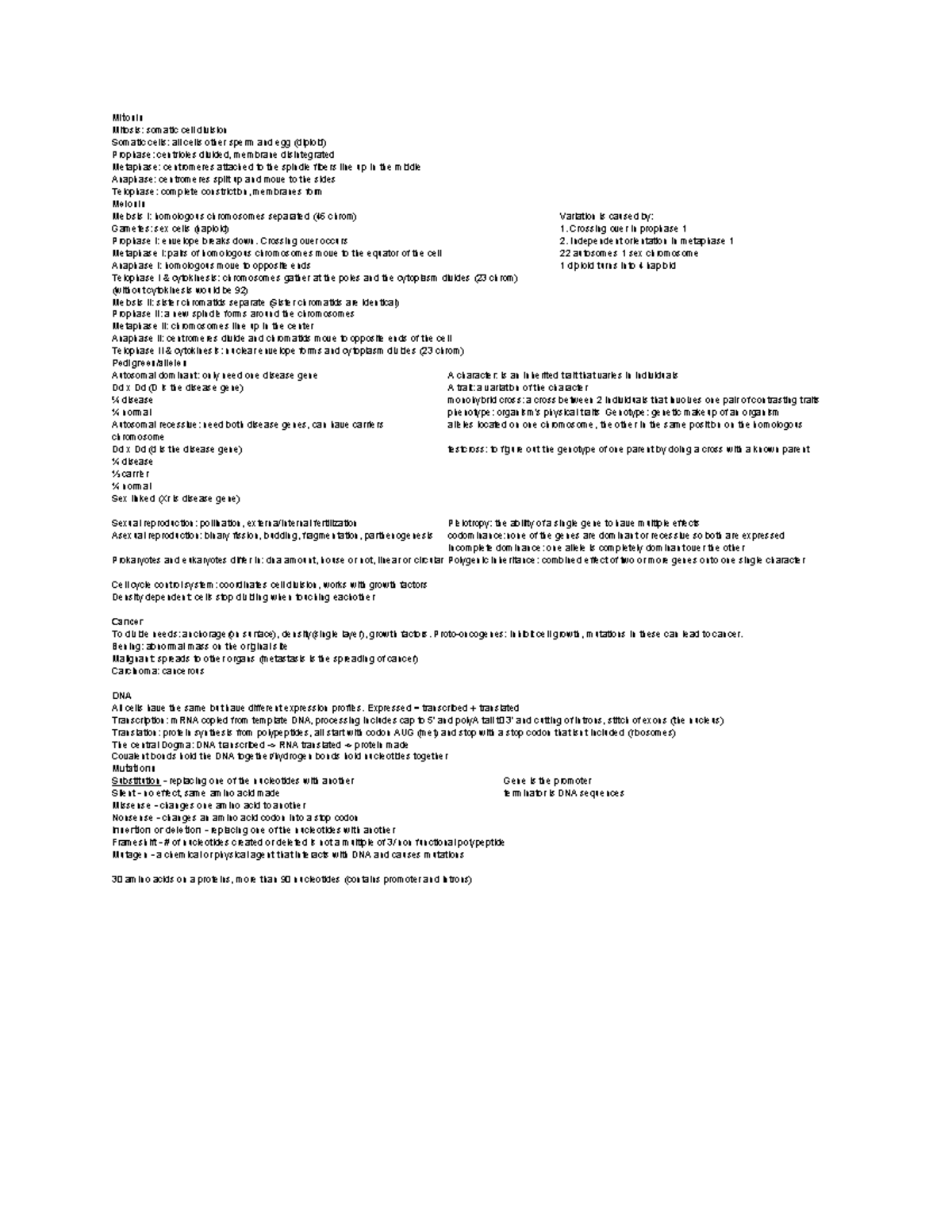 Bio exam 2 cheat sheet - Mitosis Mitosis: somatic cell division Somatic ...